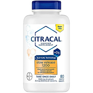 Citracal Slow Release 1200, 1200 mg Calcium Citrate and Calcium Carbonate Blend with 1000 IU Vitamin D3, Bone Health Supplement for Adults, Once Daily Caplets, 80 Count