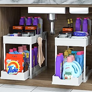 MEAFBIRD 2 Pack Under Sink Organizer, 2 Tier Bathroom Cabinet Organizer with Sliding Basket, Multi-Purpose Under Sink Organizers and Storage for Bathroom Kitchen
