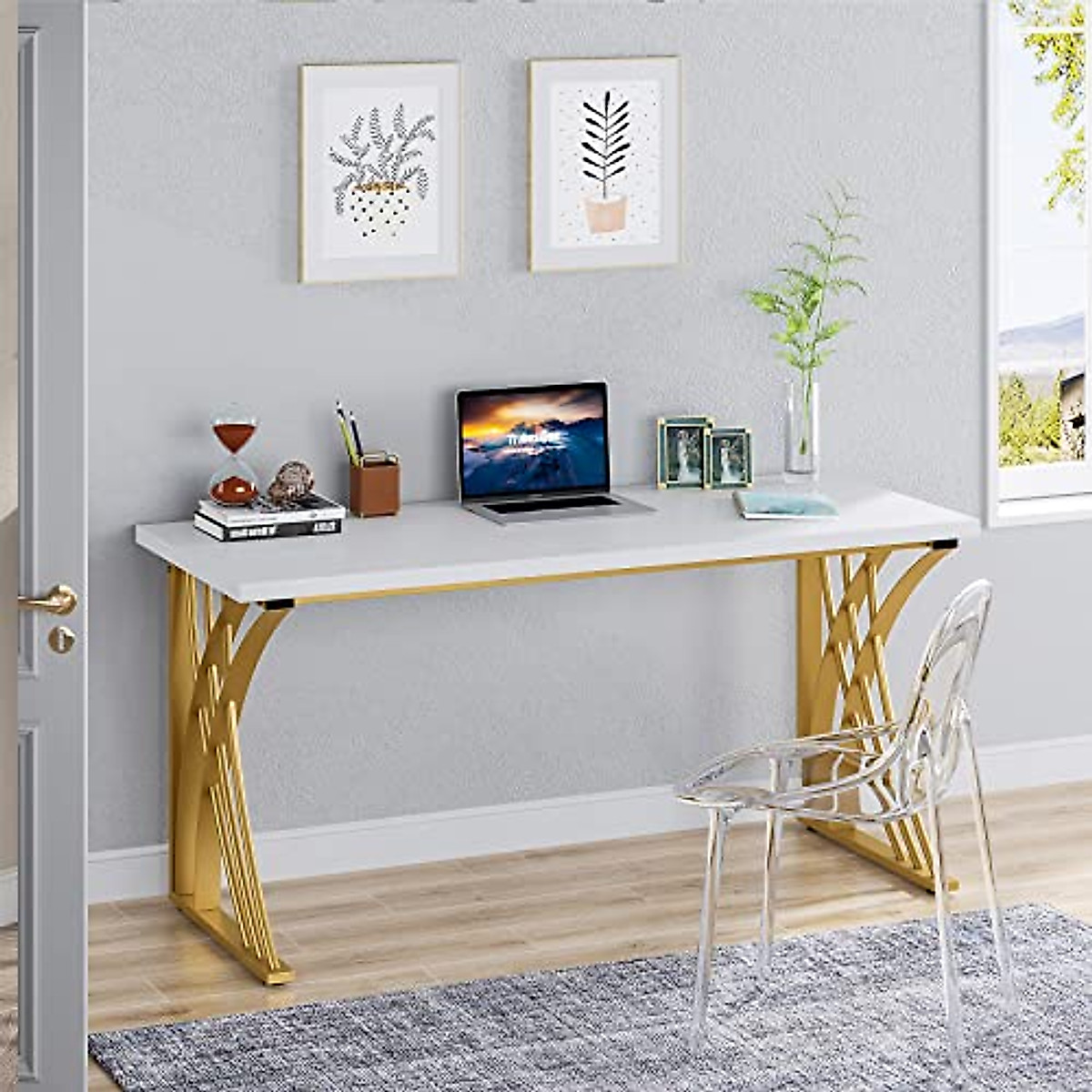 LITTLE TREE 55’’ Large Modern Computer Desk, White & Gold Luxury Laptop PC Student Table, Makeup Vanity Table with Thick Frame & Strong Legs, Sturdy Writing Workstation for Home & Office