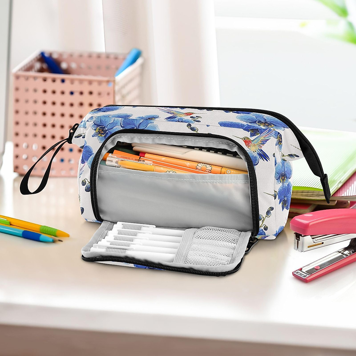 DEHOZO Portable Pencil Case Pen Bag with Zipper, Blue Flower Orchid Hummingbird Large Pencil Pouch Pen Case Stationery Bag for Office School Student, Multifunctional Pen Box for Girl Boy Men Women