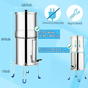 Gravity-fed Water Filter System 2.25 Gallon, Stainless Steel Water Purifier System with 2 Water Filter, Sight Glass Spigot and Stand, Refreshing Water at Home, Camping, Emergencies