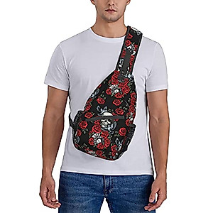 SUPLUCHOM Sling Bag Skull Bird Red Rose Gothic Hiking Daypack Crossbody Shoulder Backpack Travel Chest Pack for Men Women Over 12 Years Old