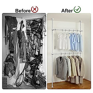 HOSKO Floor to Ceiling Clothes Rack, 2-Tier Adjustable Clothing Rack, Heavy Duty Free-Standing Garment Racks for Hanging Clothes, Tension Rod Garment Rack Closet Organizer System, White