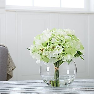 Pure Garden Hydrangea Floral Arrangement in Vase - 5-Count Artificial Flowers with Leaves in Faux Water-Filled Decorative Clear Glass Bowl (Green)