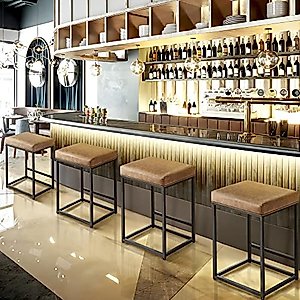 Yaheetech 24" Metal Barstools Set of 4 Counter Height Bar Stools Backless Industrial Stool Modern Upholstered Leather Stools Dining Cafe Chair Brown