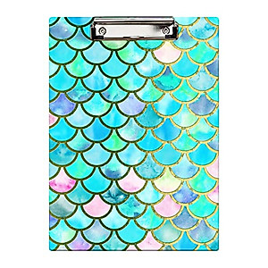 Clipboard Decorative Office School Hardboard Wood Nursing Clip Board and Pull for Standard A4 Letter Size Blue Pink Fish Colorful Mermaid 12.5" X 8.5"