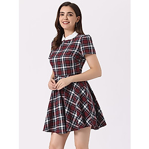 Allegra K Women Plaids Contrast Peter Pan Collar Puff Sleeves Above Knee Dress Medium Red White