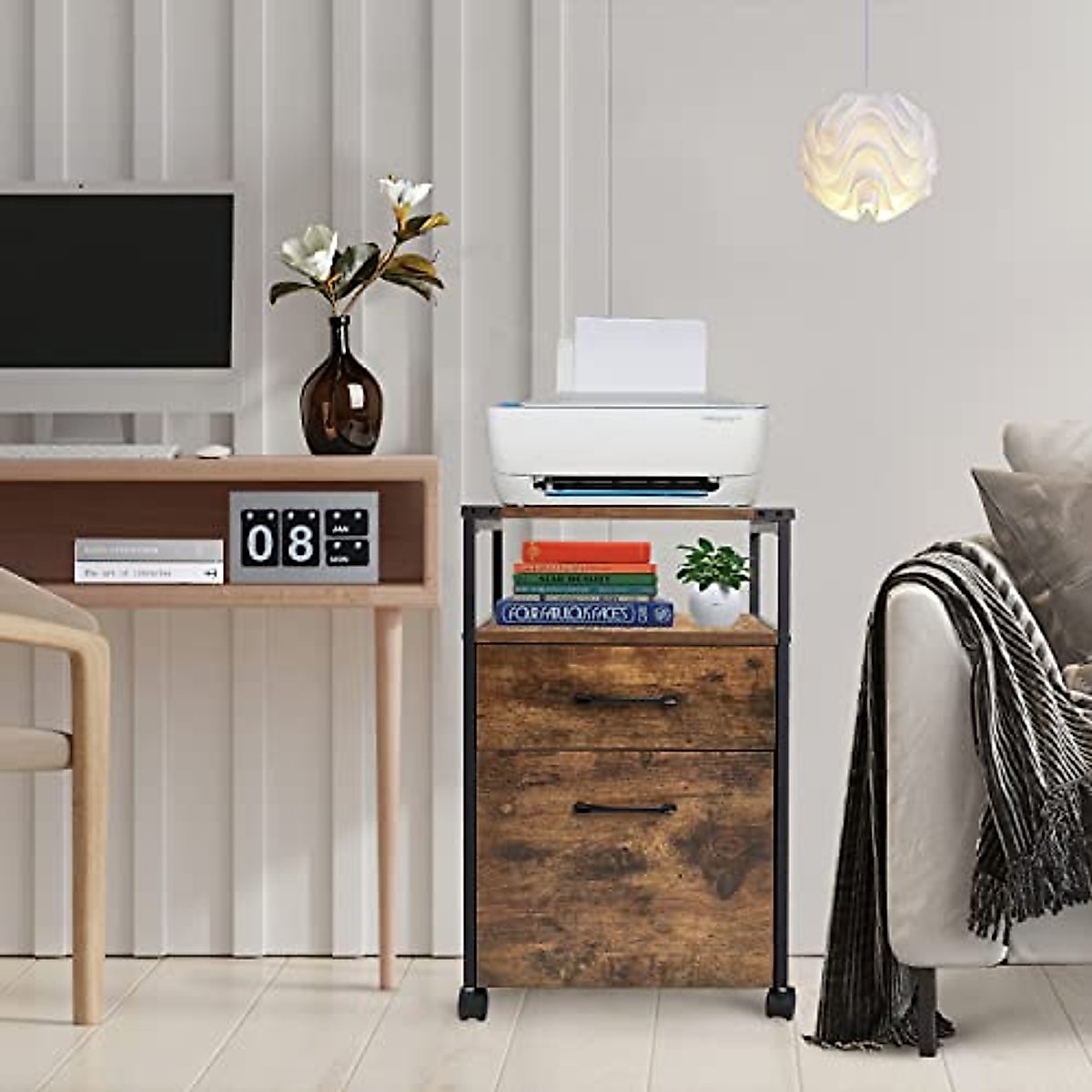 Fameill Rolling Filing Cabinet 2 Drawer File Cabinet Industrial Printer Stand for Home Office Small Under Desk Cabinet with Open Shelf,Storage Cabinet for A4, Letter Size, Rustic Brown