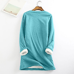 warehouse Women 2023 Fleece Lined Shirts Casual Long Sleeve Sherpa Warm Tops Round Neck Plus Size Solid Comfort Underwear Light Blue L