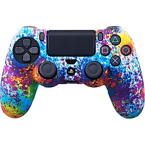 YoRHa Water Transfer Printing Camouflage Silicone Cover Skin Case for Sony PS4/slim/Pro Dualshock 4 Controller x 1(Spashing Paint) with Thumb Grips x 10