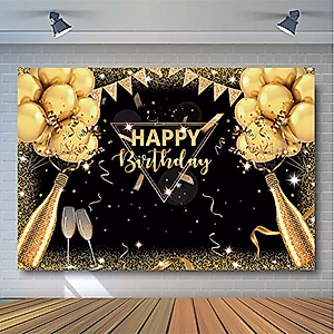 Avezano Black Gold Birthday Backdrop for Adult Men Woman Party Decorations Surprise Balloon Champagne Glitter Black and Gold Happy Birthday Party Banner Photoshoot Photography Background (7x5ft)