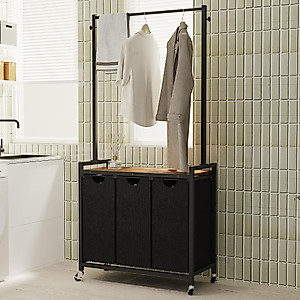 TRIFEBLE Laundry Sorter with Clothes Rack, Laundry Hamper 3 Section with Shelf, Laundry Basket with Rolling Lockable Wheels, Pull-Out and Removable Oxford Fabric Laundry Bags, Rustic Brown and Black