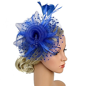 DOOVID Fascinators Hat for Women Tea Party Headband Kentucky Derby Wedding Cocktail Flower Mesh Feathers Hair Clip Royal Blue