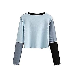 SheIn Women's Patchwork Color Block Crop Top Tees Long Sleeve Round Neck Ribbed Knit T Shirt Blue and Black Small