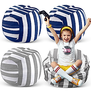 Windyun 4 Pcs Stuffed Animal Storage Bean Bag Chair Cover 24 Inch Stripe Blue and Grey with Zipper for Organizing Plush Toys Kid and Adult
