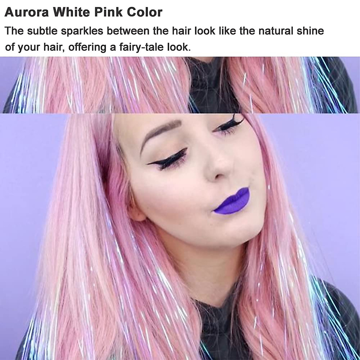 Hair Tinsel Kit With Tool Fairy Hair Tinsel Heat Resistant 47Inch Tinsel Hair Extensions 6Pcs 1200 Strands Sparkling Hair Tinsel Glitter Tinsel Hair Extensions for Women Girls Kids (White-Pink)