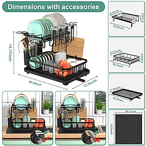 SouAny 2 Tier Dish Drying Rack with Drainboard, Large Dish Organizer and Strainer Set for Kitchen Counter with Mat, Wine Glass Holder and Utensil Holder