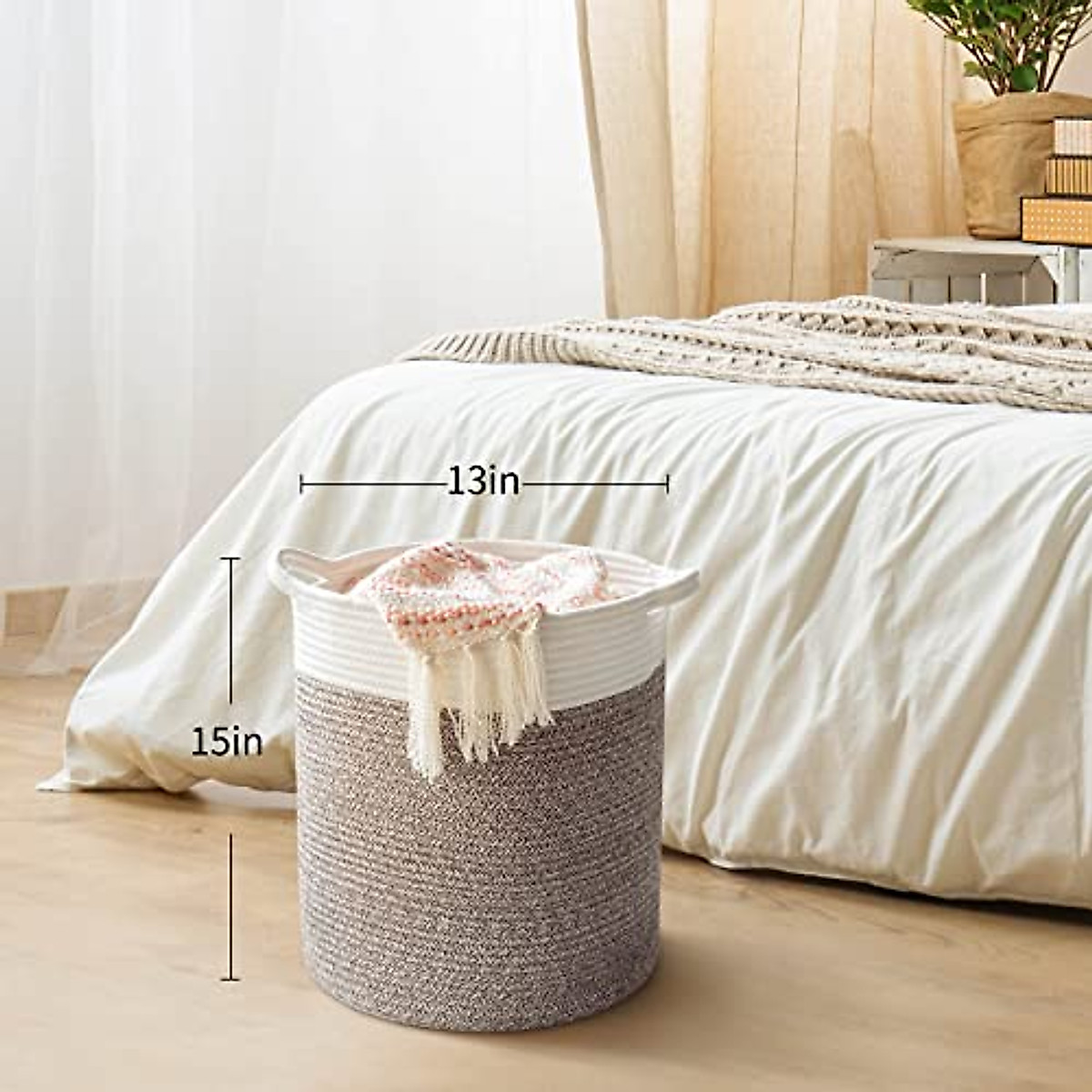 INDRESSME Cotton Rope Basket for Yoga Mat, Baby Laundry Basket for Toy, Towel, Clothes, Blankets, Woven Basket for Nursery Room, Living Room, 15 x13 inches, Brown