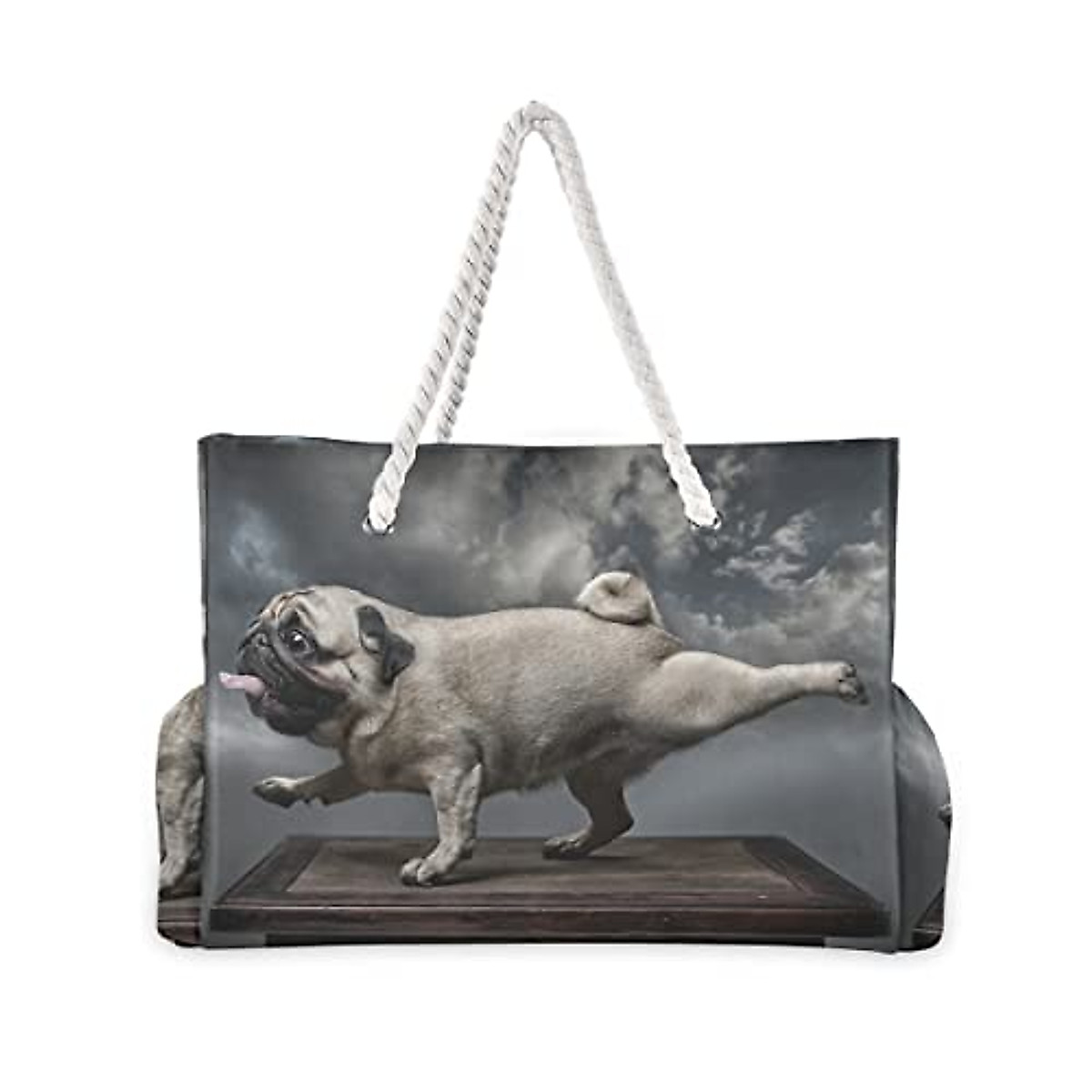 ALAZA Yoga Pug Dog Puppy Funny Fun Large Beach Bag For Women Tote Bags Reusable Grocery Shoulder Bag with Zipper Closure Pocket