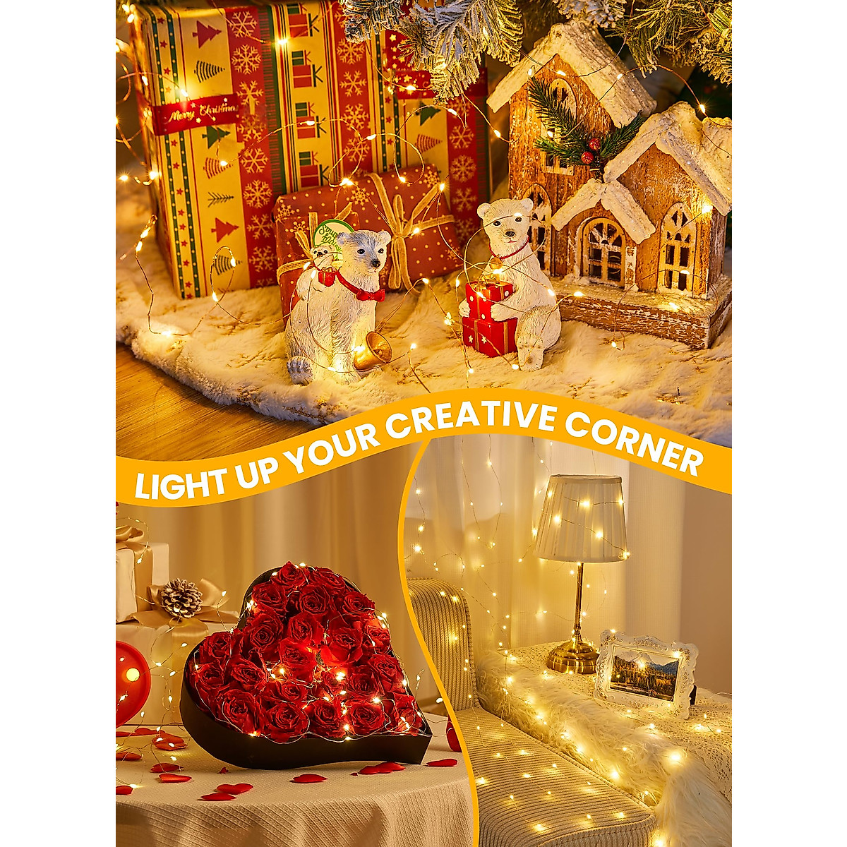 Minetom USB Fairy String Lights with Remote and Power Adapter, 66 Feet 200 Led Firefly Lights for Bedroom Wall Ceiling Christmas Tree Wreath Craft Wedding Party Decoration, Warm White