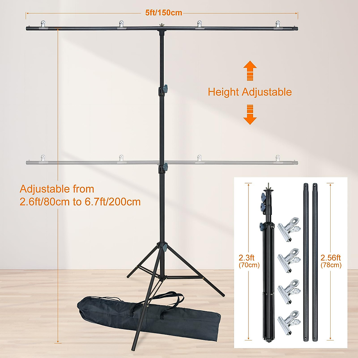 LINCO Lincostore Zenith Portable T-Shape Background Backdrop Stand Kit 5x6.7ft - 5ft Wide (Fixed) and 6.7ft High (Adjustable)- Lightweight Only 4 Lbs Easy to Carry and Storage Black