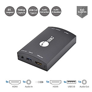 SIIG USB 3.0 HDMI A/V Capture Card with 4K60 Loop Out, HDMI 4K60 Capture USB 3.0 1080p Record,Audio Extract & Microphone,for DSLR Camcorder Live Streaming,Video Conference,TAA Compliant CE-H26H11-S1