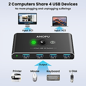 USB Switch, USB 3.0 Switch, Aluminum KM Switch 2 Computers Sharing 4 USB Devices KM Switches 5V USB-C Powered for PC Printer Scanner Mouse Keyboard with 2 Pack USB 3.0 Cable, One Button Switch