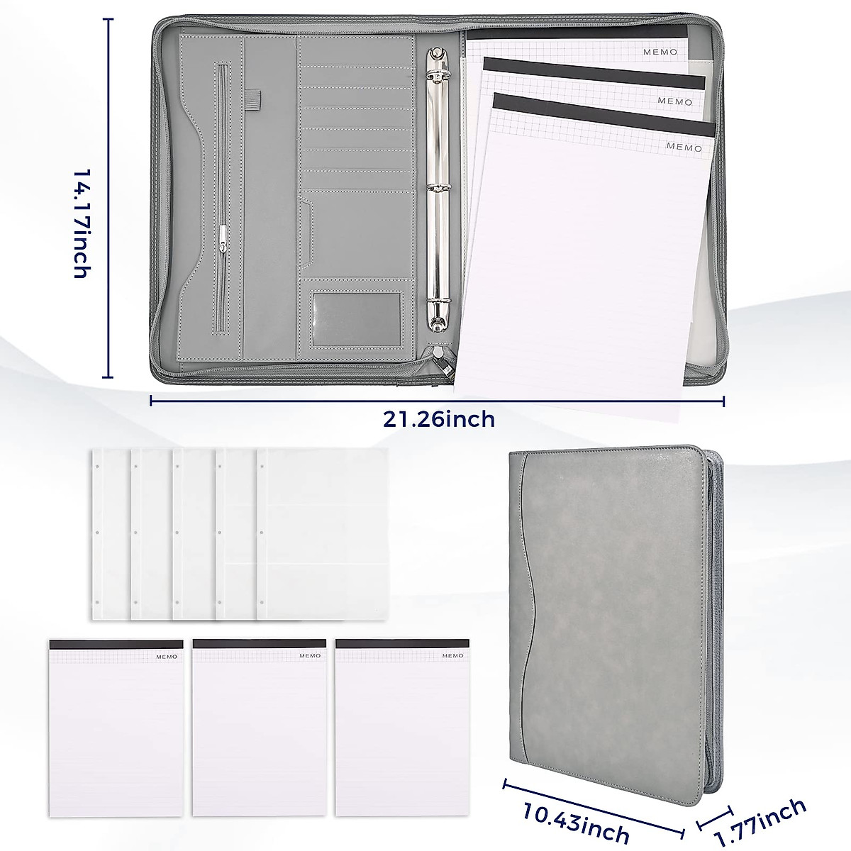 Sbrinnaliao 3-Ring Padfolio Portfolio Binder Organizer,PU Leather Folder Binder Business Planner Notebook Zippered Portfolio for Women/Men with Document Sleeve,Letter/A4 Size Clipboard