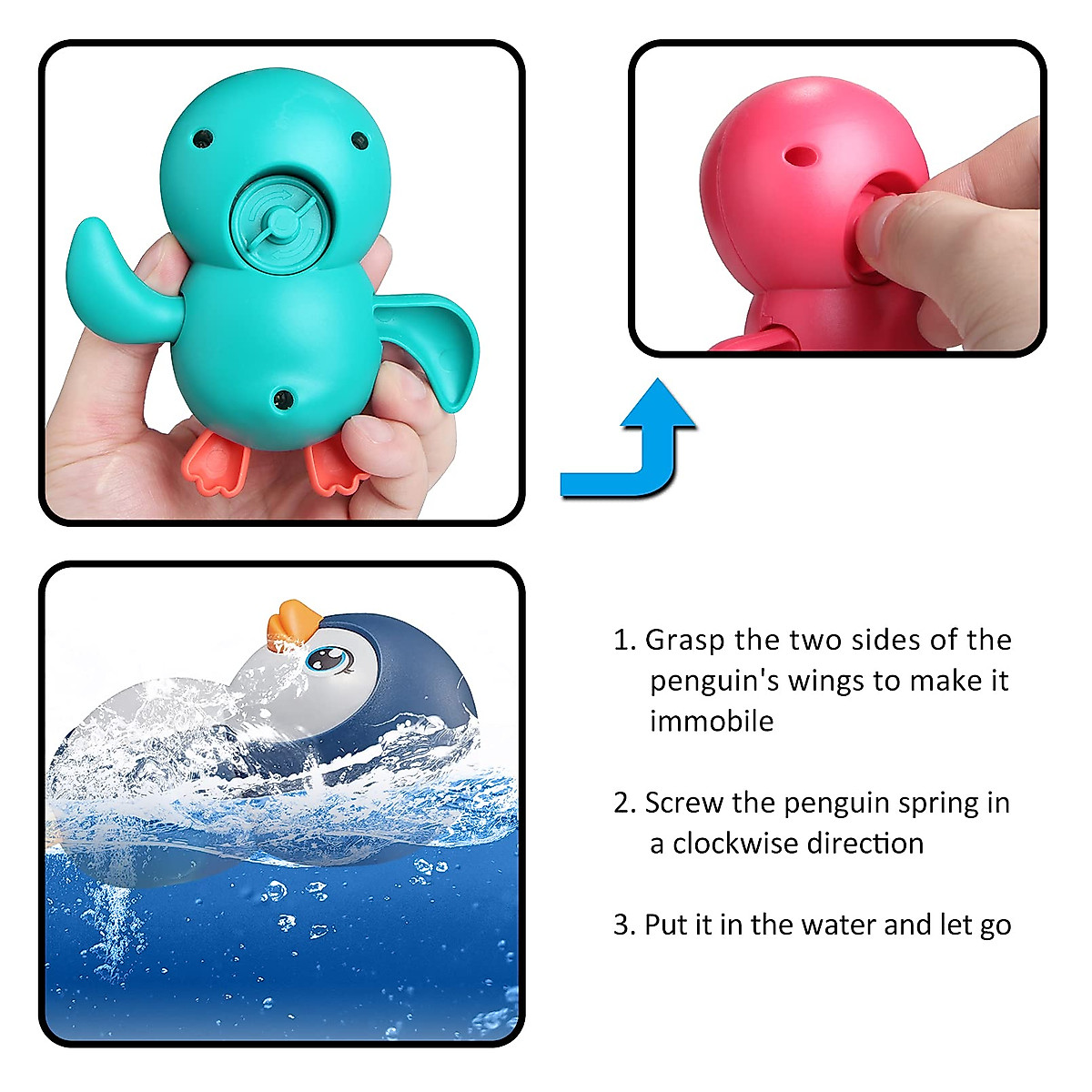 Dmeixs Baby Bath Toys 4 Pack Wind Up Bath Toys for Toddlers 1-3 Year Old Penguin Duck Bathtub Toys for Baby Floating Pool Games Water Toys Swimming Bath Toys for Toddlers Kids Boys Girls 1 Years Old