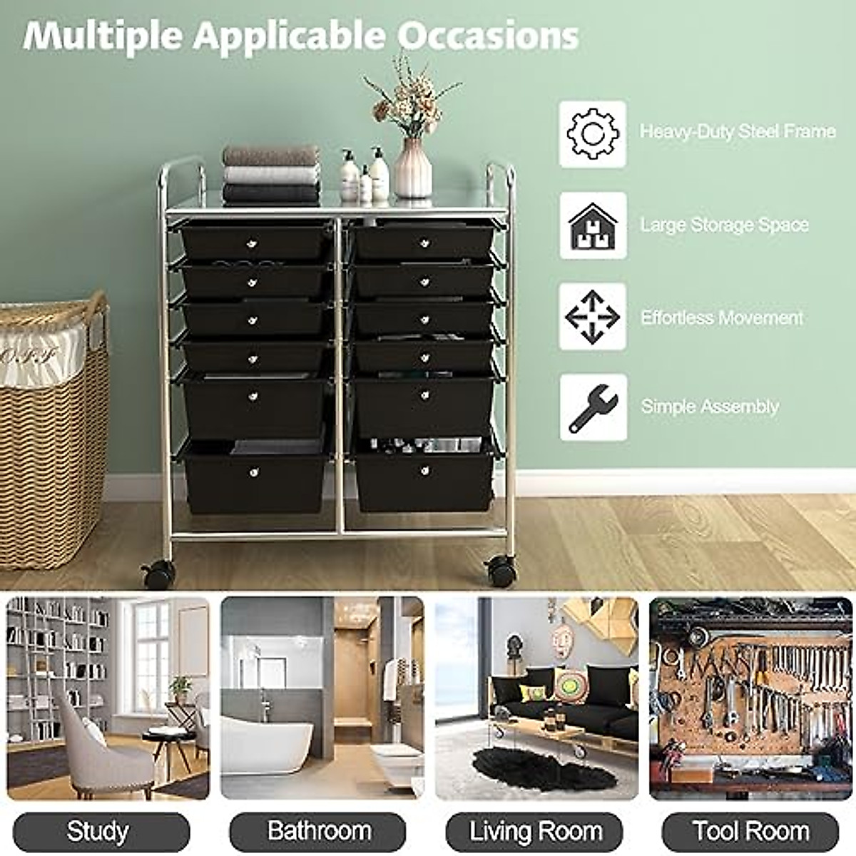 12-Drawer Rolling Storage Craft Cart and Organizer - Rolling Organizer Cart Tools and 4 Universal Casters (Black)