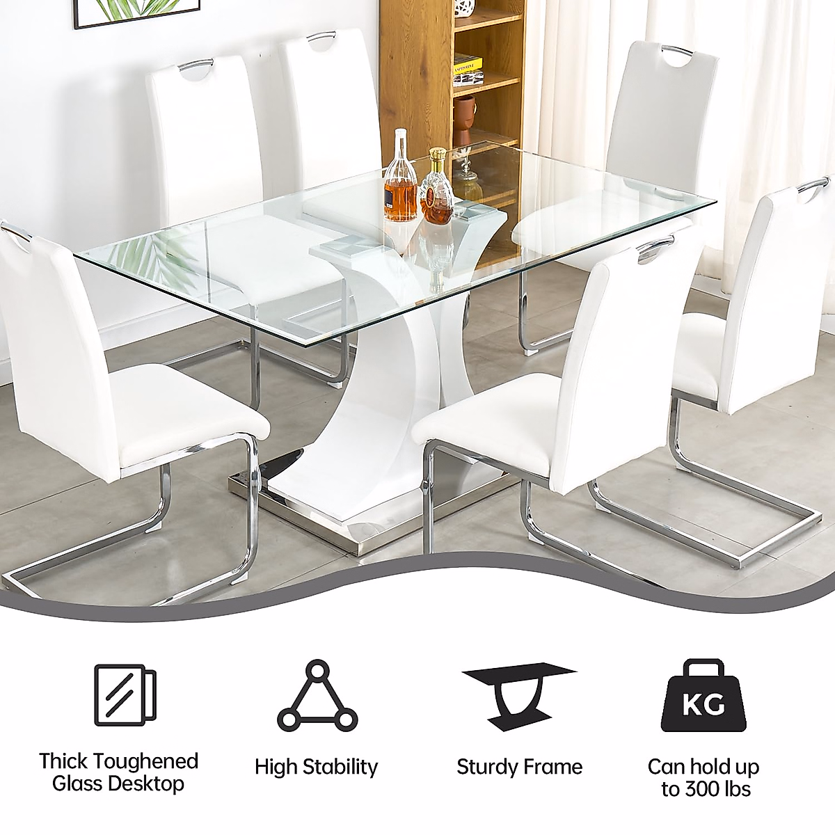 63" Glass Dining Table for 4 to 6 Modern Kitchen Table Tempered Glass Dining Room Table with Rectangular Glass Tabletop and X-Shape Pedestal Base Dining Table for Dining Room Kitchen (White)