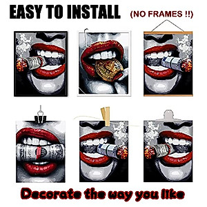 Bnhcoe Fashion Black and Red Pictures for Canvas Wall Decor, Red and Black Lips Room Decor, Burning Dollar Money Wall Art Pictures Prints Posters for Womens Bedroom Decor Set of 4