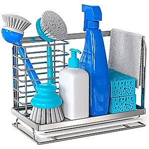 FixOwl Kitchen Sink Caddy Organizer 304 Stainless Steel Sponge Holder Dish Soap Brush Scrubber Countertop Rack, Rustproof, Silver