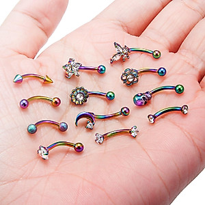 12Pcs 16G Rook Piercing Jewerlry Surgical Steel Eyebrow Piercing Jewelry Flower Crystal Heart CZ Moon Shape Eyebrow Rings Snake Eyes Rook Earrings for Women Men Tongue Retainer,Purple curved Barbell