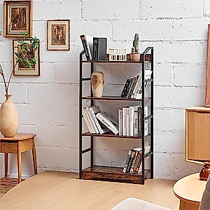 Vagusicc Industrial Display Standing Bookshelf, 4-Tier Tall Bookcase Wood Book Shelf, Modern Book Shelf Storage Organizer Steel Frame, Multipurpose Bookshelf for Living Room/Bedroom/Kitchen/Bathroom