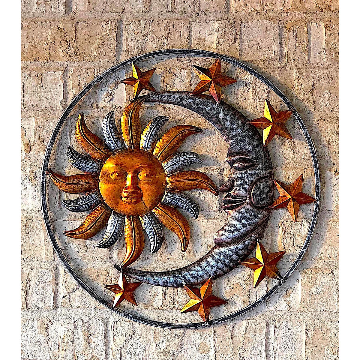 Large Metal Sun Moon Star Wall Art Sculpture Decor for Indoor Outdoor (17" Diameter)