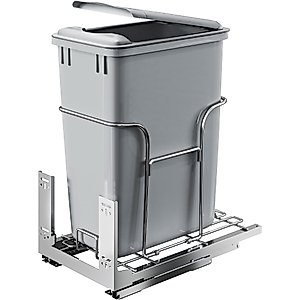 YITAHOME 32 Quart Pull-Out Trash Can Recycling Bin with Lid for 14.2" W x 22" D x 24.8" H Minimum Cabinets, Sliding Under Mount Kitchen Waste Garbage Container with Soft-Close Slides, Gray
