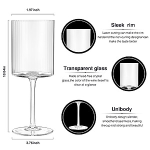 Large Ribbed Square Wine Glasses Set of 4 Crystal,17oz Clear Cylinder Fluted Glassware Flat Bottom,Hand Blown White Red Wine Glass with Long Stem,Copas de Vino,Modern Unique Gift for Wedding,Party