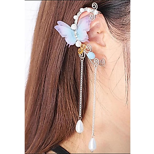 SXNK7 Elf Ear Cuffs Clip on Earrings Butterfly Flower Tassel Filigree Elven Cosplay Fairy Ear Wrap Cuffs Earrings for Women Wedding Jewelry