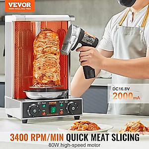 VEVOR Electric Shawarma Knife, 80W Cordless Battery Professional Turkish Knife, Commercial Stainless Steel Gyro Cutter, Doner Kebab Meat Slicer with 2 Blades, Φ4/100mm, 0-8mm Adjustable Thickness