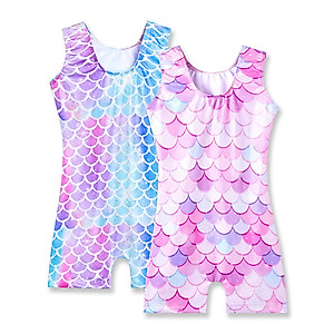 Nymphperi Girls Gymnastics Leotards Size 6-7 Years Old Sparkly Blue Pink Mermaid Scale Biketards with Shorts for Children Practice Workout