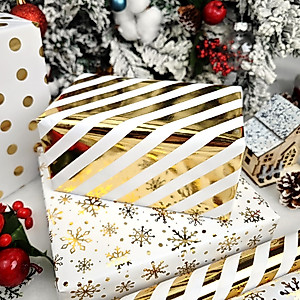 LDGOOAEL Mini Short Small Christmas Wrapping Paper Roll (17" X 120") - Gold Foil Snowflakes Stripe Polka Dot Design for Holiday, Birthday