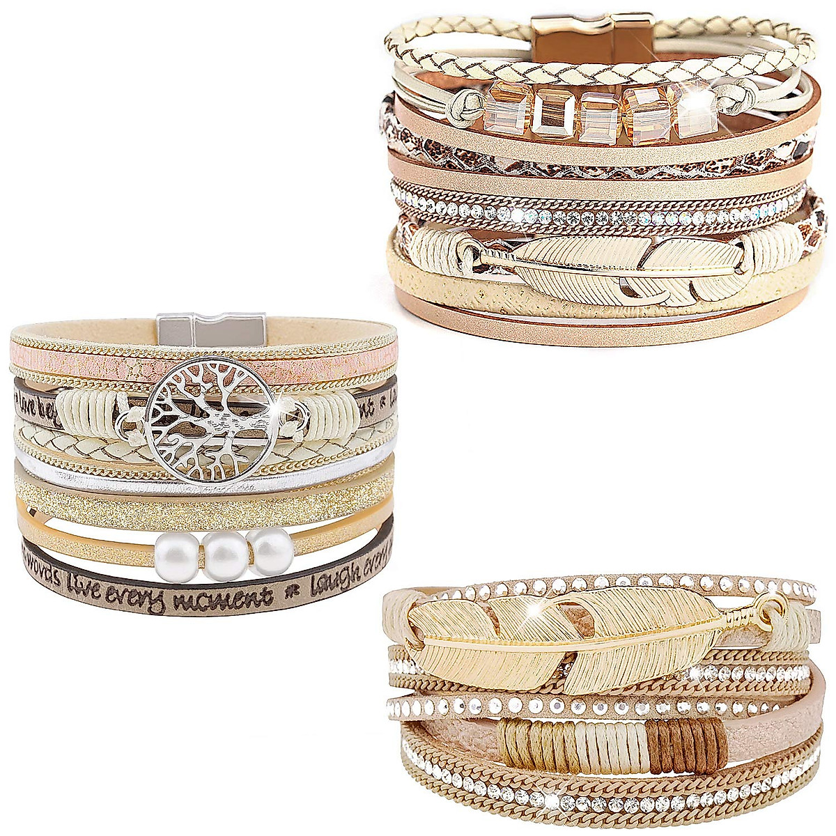 Wovanoo 3Pack Leather Cuff Bracelet Set Multilayer Wrap Feather Magnetic Clasp Bracelet for Women 3pack