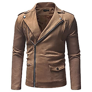 Maiyifu-GJ Men Basic Suede Leather Motorcycle Jacket Casual Classic Side Lace Biker Jacket Slim Fit Asymmetric Zip Moto Coat (Khaki,Large)