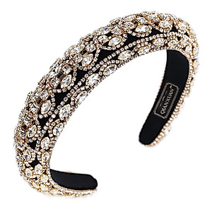 QIANXUAN Crystal Rhinestone Headbands For Women White Pearl Headbands For Girls Padded Headband Black Velvet Jewelry Chain Hairband Handmade Pearly Flower Retro Filling Diamond Hair Accessories