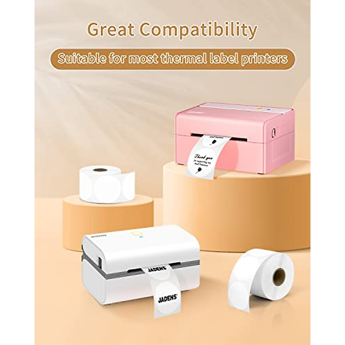 JADENS 2 Inch Round Direct Thermal Sticker Label, Self-Adhesive & Waterproof Label for DIY Logo, QR Code, Name Tag, Thank You Sticker for Small Businesses, BPA & BPS Free, 750 Labels/Roll, White