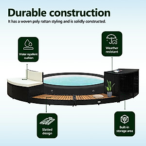 vidaXL Spa Surround - Black Poly Rattan and Acacia Wood - Chic and Modern Design with Built-in Storage, Mini Sofa and Comfort Cushion