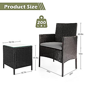PAIQIAN 3 Pieces Patio PE Rattan Wicker Chairs with Table Outdoor Bistro Conversation Sets Garden Furniture for Yard Backyard Lawn Porch Poolside Balcony, Black/Grey