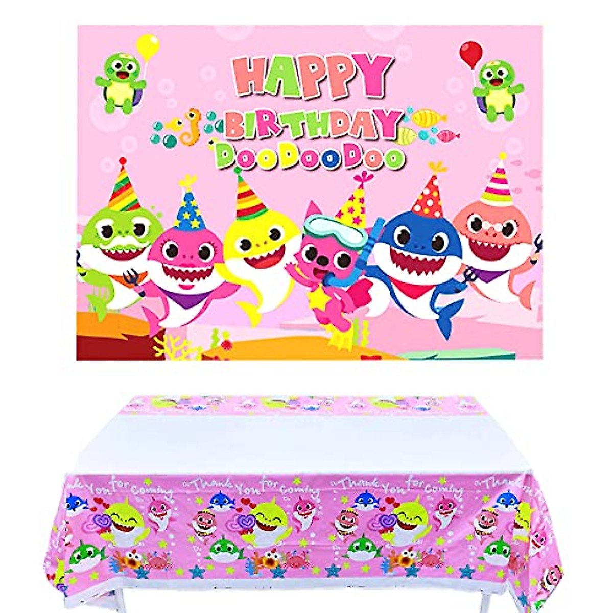 Pink Shark Baby Backdrop and Tablecloth,5x3ft Polyester Shark Photography Background Undersea World Shark Table Cover 70.8x42.5 Inch for Girls Birthday Decorations