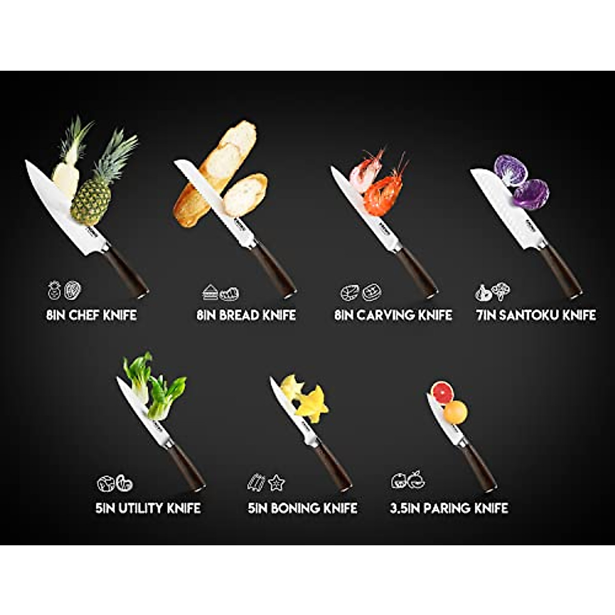 enowo Chef Knife Set, 7 Piece Kitchen Knife Set with Widened Blade & Pakkawood Handle, High Carbon Stainless Steel Knives Set for Kitchen